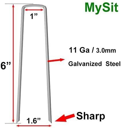 MySit 50x 6-Inch Galvanized Ground Garden Staples Stakes Pins, Lawn Landscape Staples Weed Fabric Staple, Heavy-Duty 11 Gauge Anti-Rust Steel Sod Anchor Securing Pegs(SodStaple_11Ga_AR50)