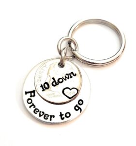 10 down and forever to go 10th year anniversary gift key chain with a 2014 dime and silver aluminum charm