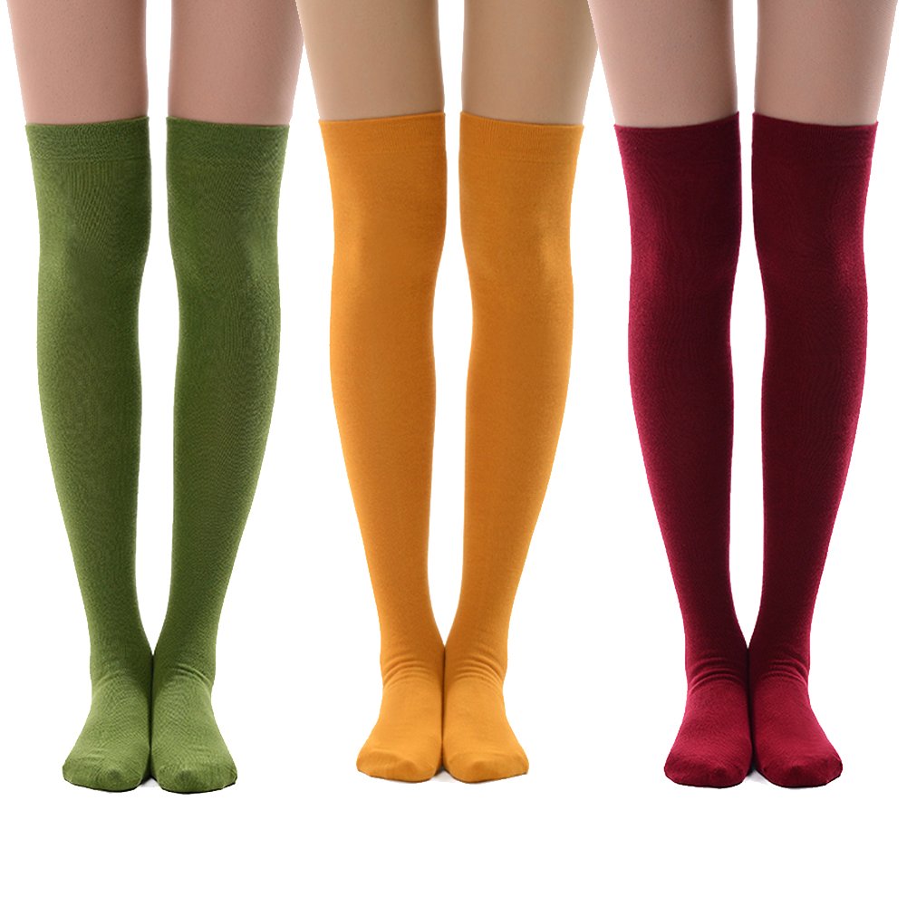 MEIKAN Orange Thigh High Stocking Women, Knee High Socks Velma Custome Socks Posing Ivy Socks Women's Green Orange Over Knee High Tights Mustard Yellow Red Green 3 Pairs