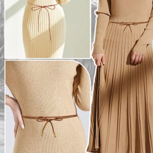 TeeYee Women PU Leather Knitted Waist String Belt/Rope/Chain Long Boho Wrap Skinny Belt (one size, tan)