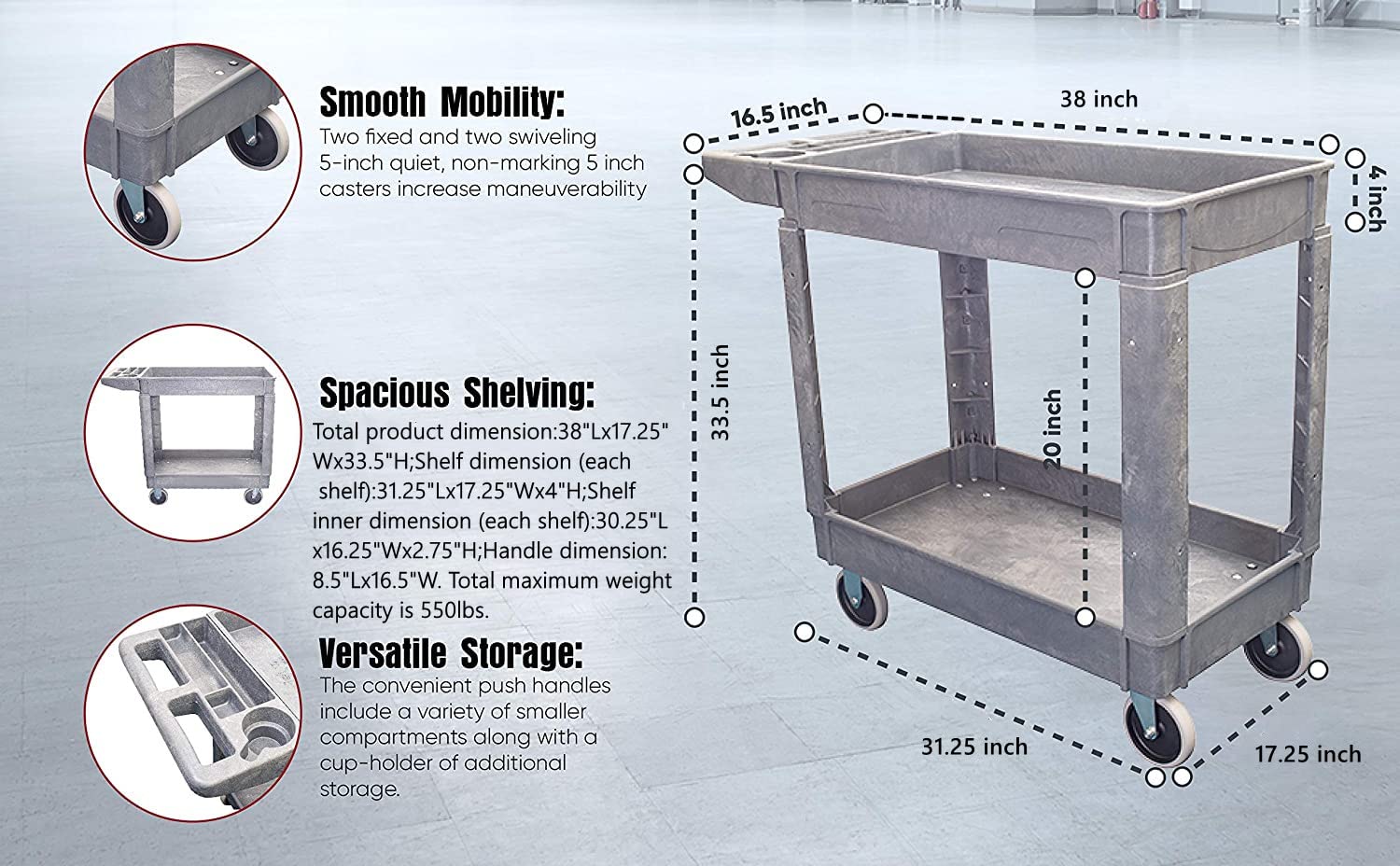 550lb Capacity Heavy Duty Plastic Utility Cart 40" L x 17-1/4" W with Handle 2 Shelves Pake Handling Tools