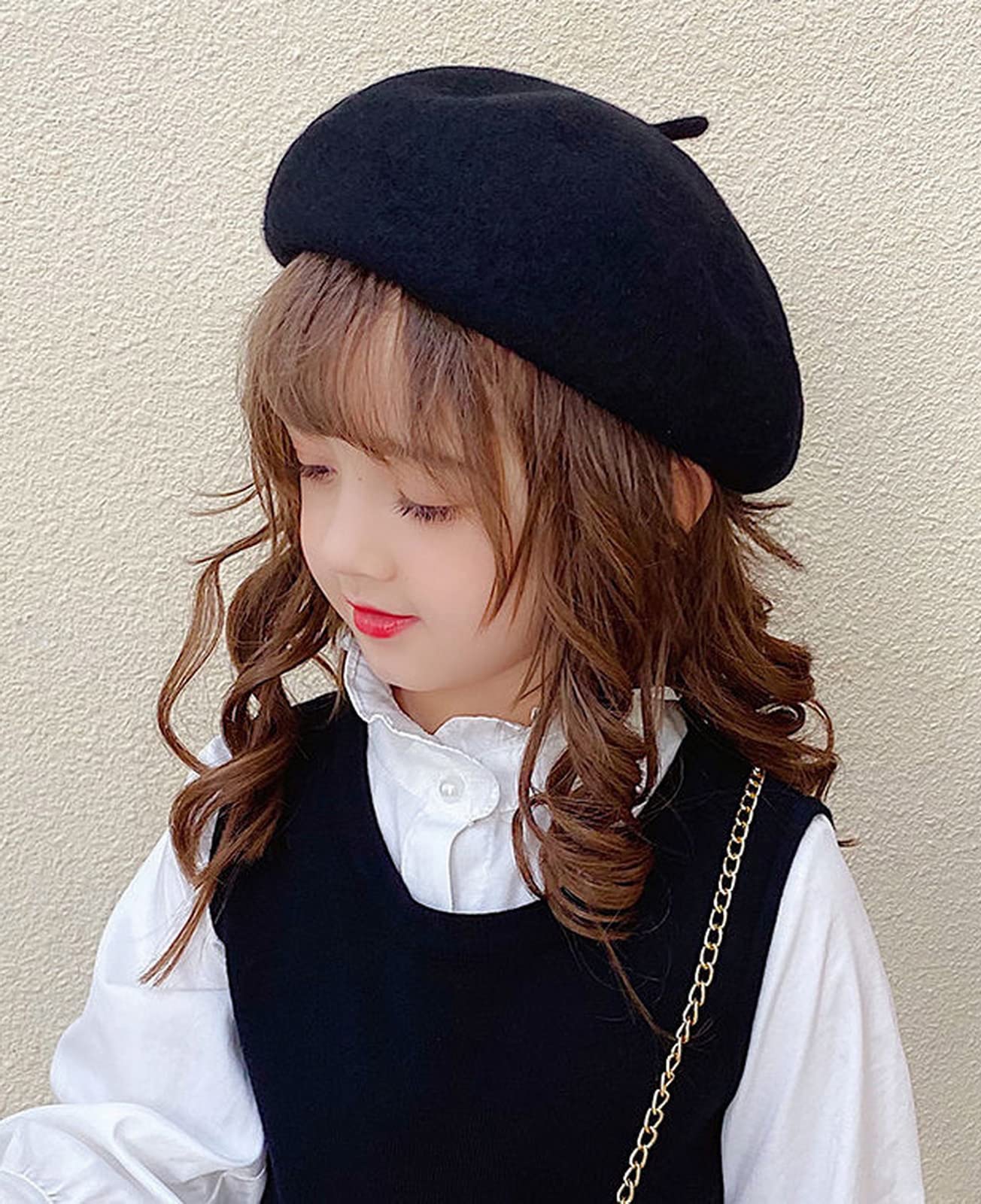 Kids Girls French Beret Hat Artist Hat Solid Warm Beanie Cap Winter Autumn (Black, 1)