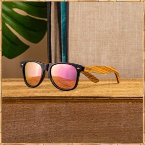 Woodies Zebra Wood Sunglasses with Pink Mirrored Polarized Lens and Real Wooden Frame for Men and Women | 100% UVA/UVB Protection