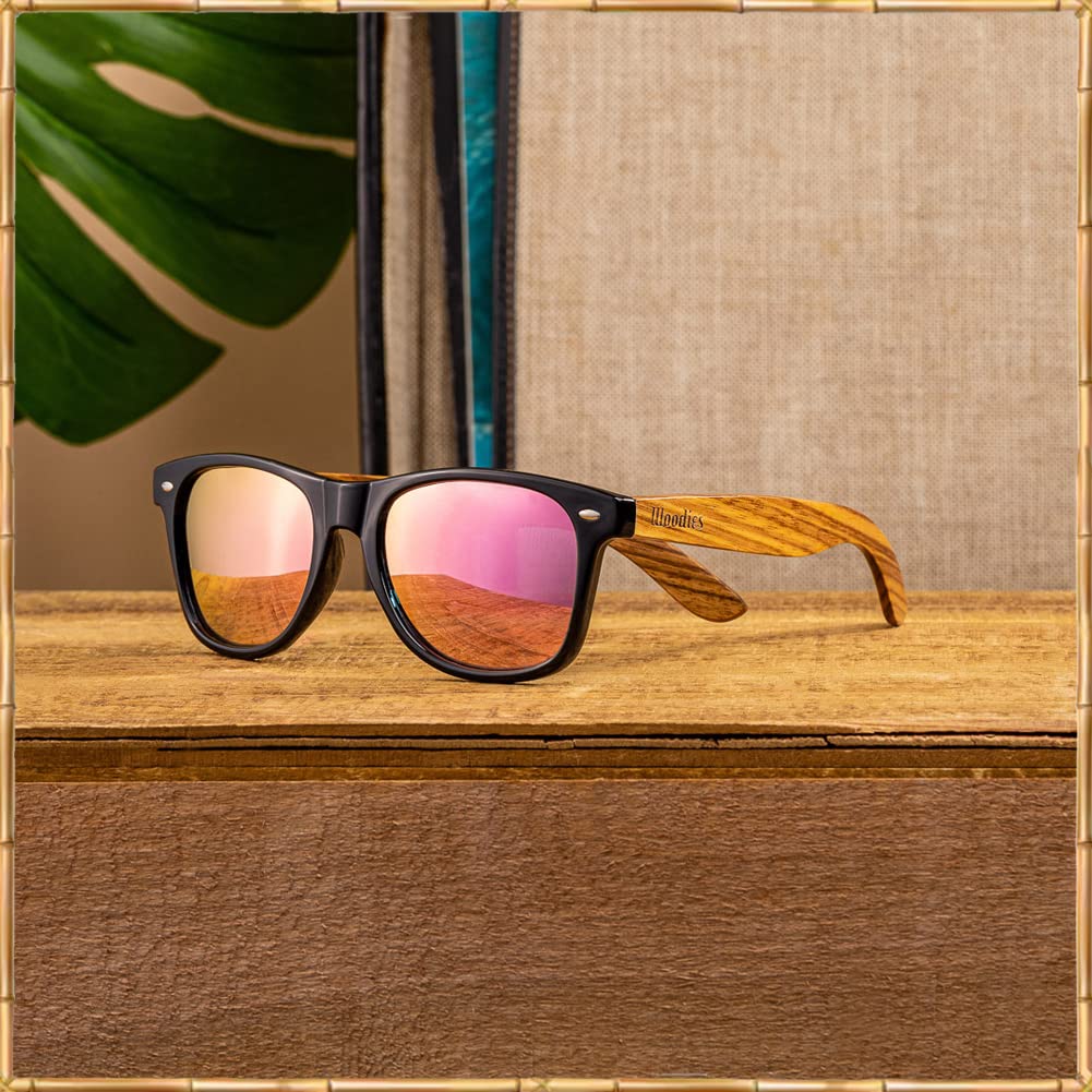 Woodies Zebra Wood Sunglasses with Pink Mirrored Polarized Lens and Real Wooden Frame for Men and Women | 100% UVA/UVB Protection