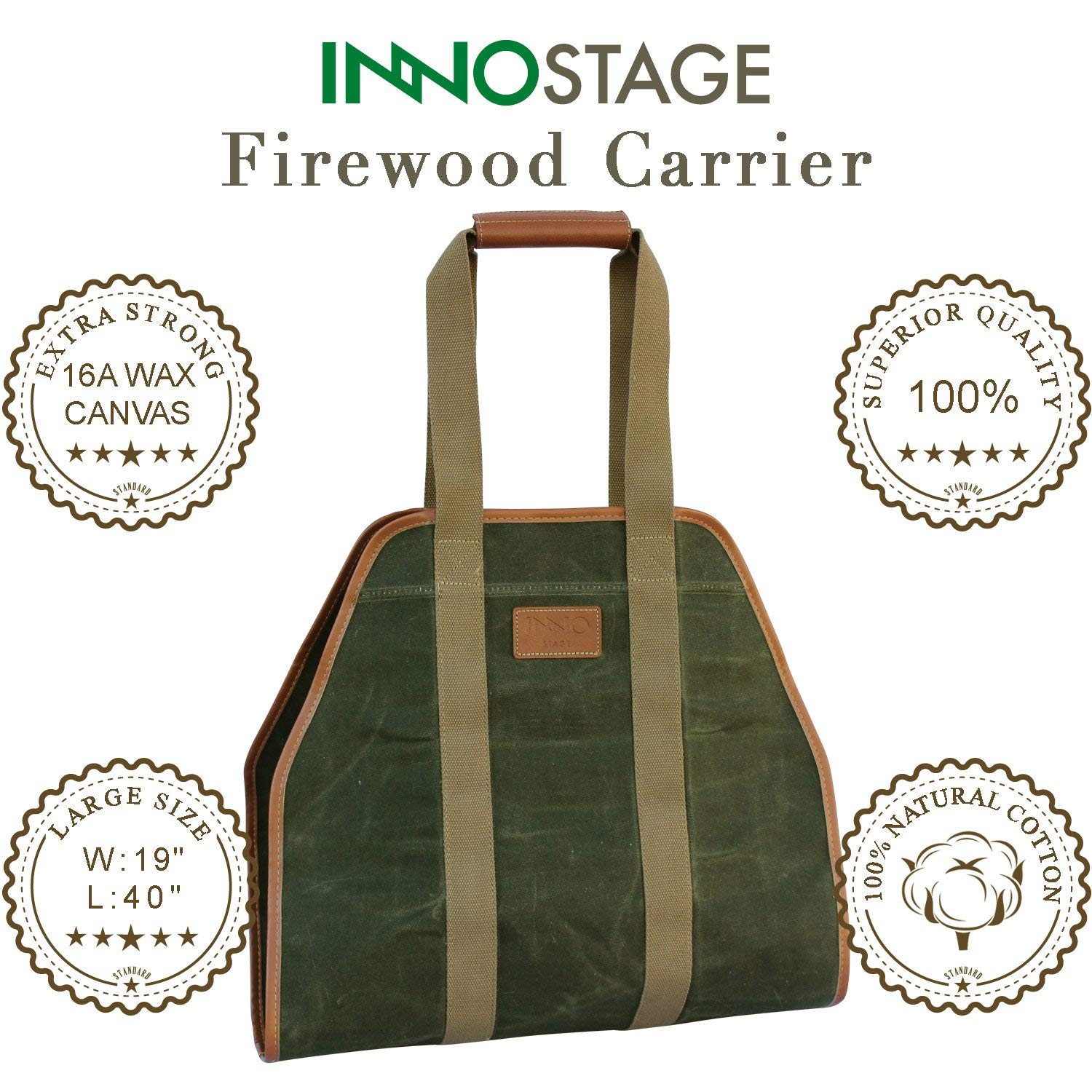 INNO STAGE Waxed Canvas Log Carrier Tote Bag,40"X19" Firewood Holder,Fireplace Wood Stove Accessories Green