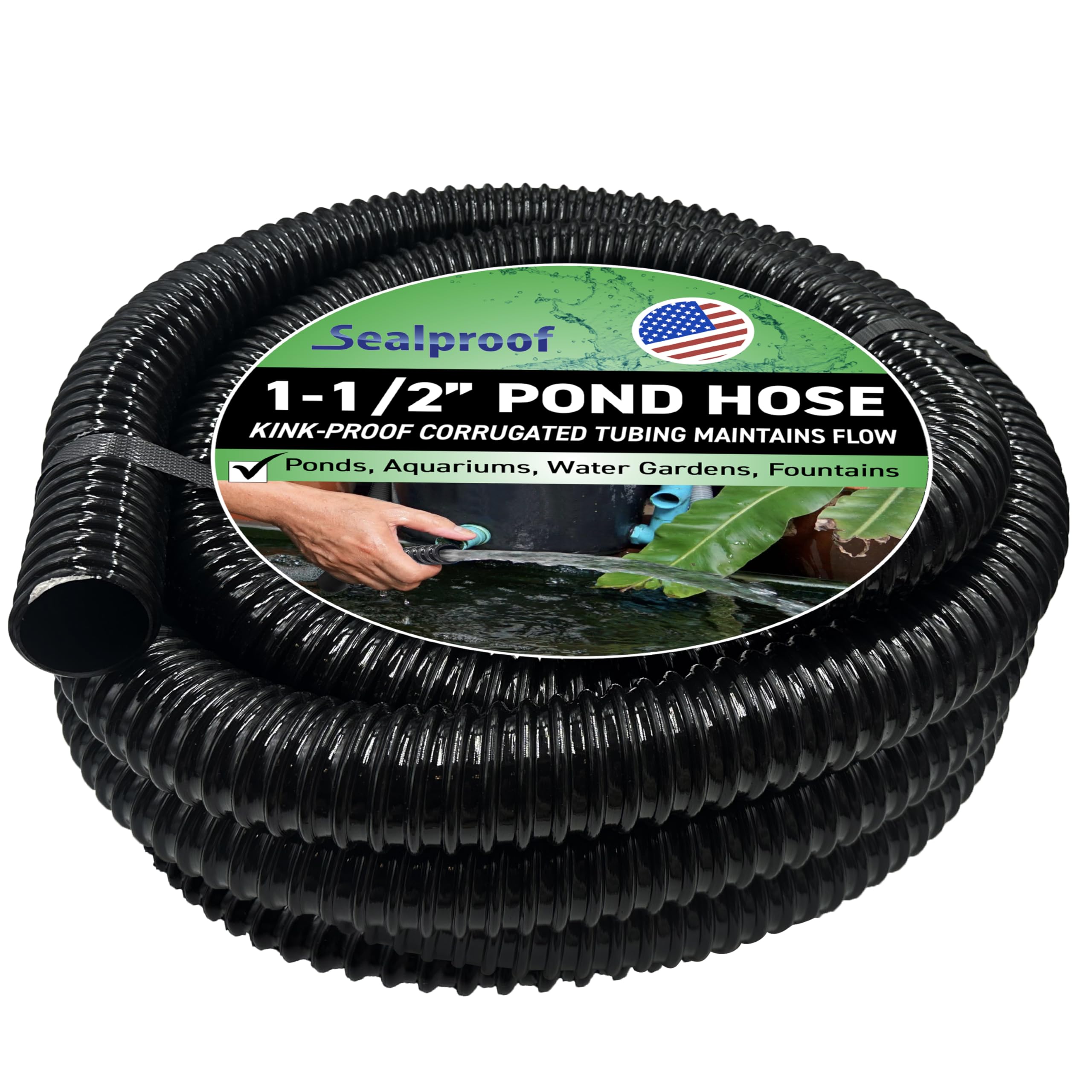 Sealproof Kinkproof 1-1/2" Dia Waterfall, Pond Tubing, 1-1/2-Inch ID, 20 FT, Black Corrugated PVC Strong Flexible Tubing, Made in USA