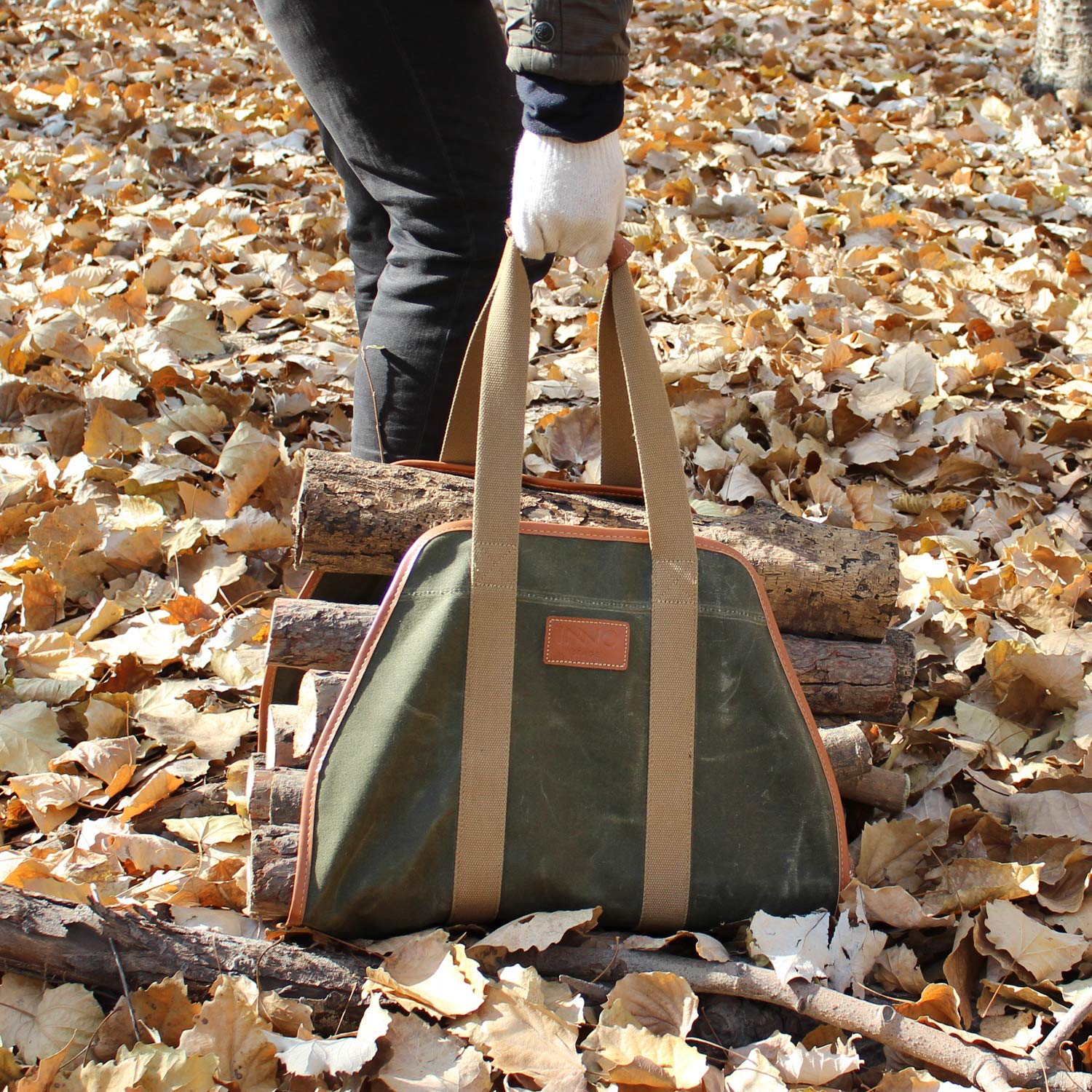 INNO STAGE Waxed Canvas Log Carrier Tote Bag,40"X19" Firewood Holder,Fireplace Wood Stove Accessories Green