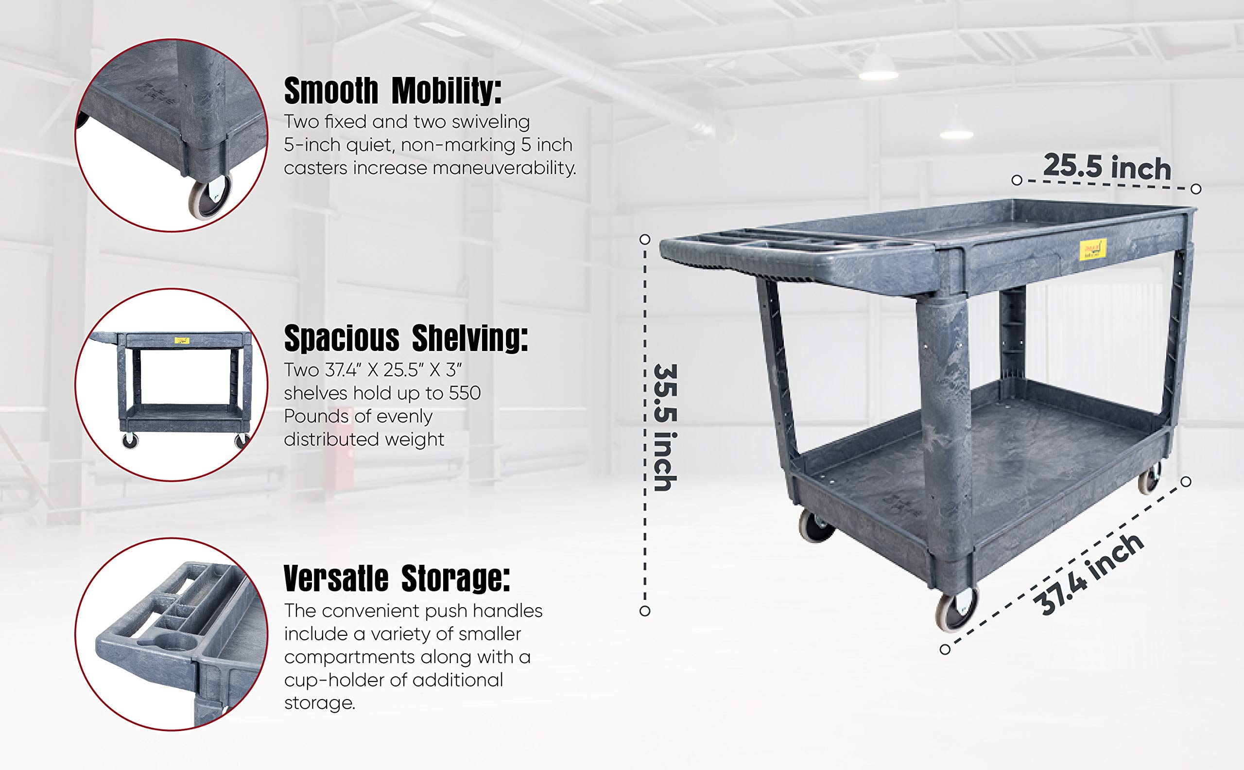 550lb Capacity Heavy Duty Plastic Utility Cart 46" L x 25-5/8" W with Handle 2 Shelves Pake Handling Tools