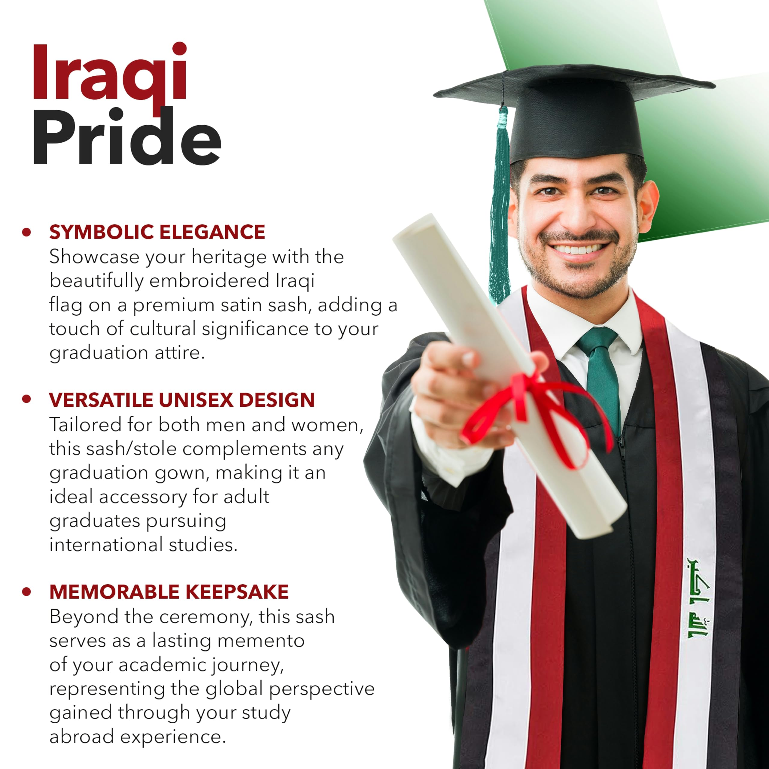 Vision Wear - Iraq Flag Graduation Sash/Stole - Luxurious Cultural Symbol - Embrace Your Heritage - Pride & Honor Sash