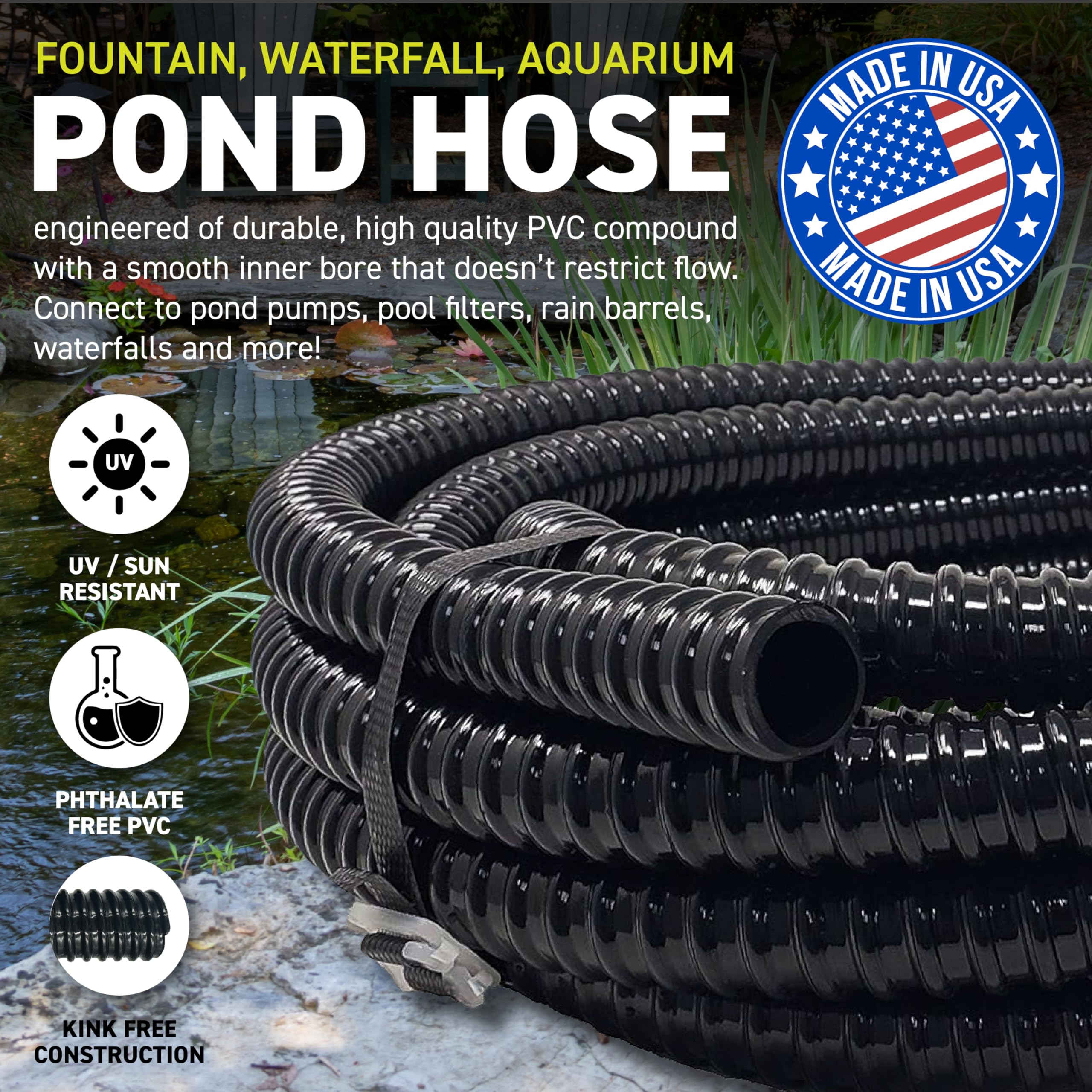 Sealproof Kinkproof 1-1/2" Dia Waterfall, Pond Tubing, 1-1/2-Inch ID, 20 FT, Black Corrugated PVC Strong Flexible Tubing, Made in USA