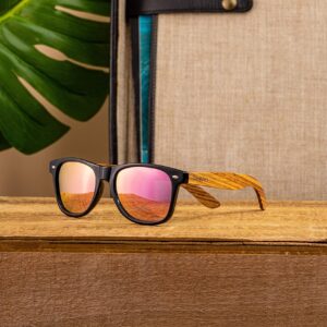 Woodies Zebra Wood Sunglasses with Pink Mirrored Polarized Lens and Real Wooden Frame for Men and Women | 100% UVA/UVB Protection