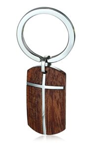 wooden cross keychain for men- hawaiian wood keychain stainless steel ring, mens keychain koa christian baptism crucifix