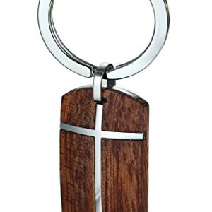 Wooden Cross Keychain for Men- Hawaiian Wood Keychain Stainless Steel Ring, Mens Keychain Koa Christian Baptism Crucifix