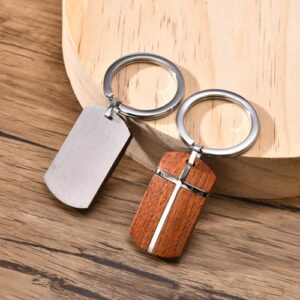 Wooden Cross Keychain for Men- Hawaiian Wood Keychain Stainless Steel Ring, Mens Keychain Koa Christian Baptism Crucifix