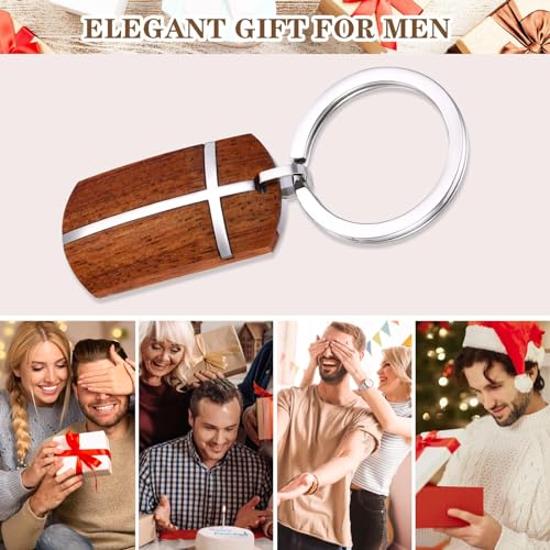 Wooden Cross Keychain for Men- Hawaiian Wood Keychain Stainless Steel Ring, Mens Keychain Koa Christian Baptism Crucifix