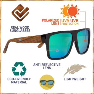 Woodies Oversized Flat Top Aviator Zebra Wood Wrap Sunglasses with Green Lens for Men and Women | 100% UVA/UVB Protection