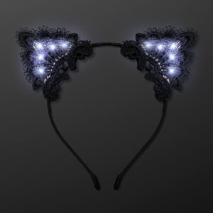 FlashingBlinkyLights Black Lace Light Up Kitty Cat Ears Headband with White LEDs