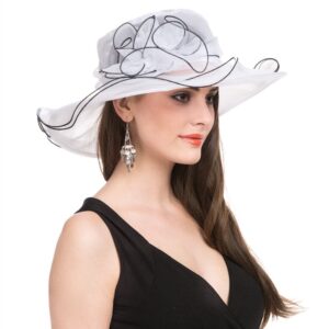 Lucky Leaf Women Church Cap Wide Brim Summer Sun Hat for Party Wedding(White with Black Edge)