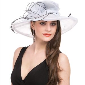 Lucky Leaf Women Church Cap Wide Brim Summer Sun Hat for Party Wedding(White with Black Edge)