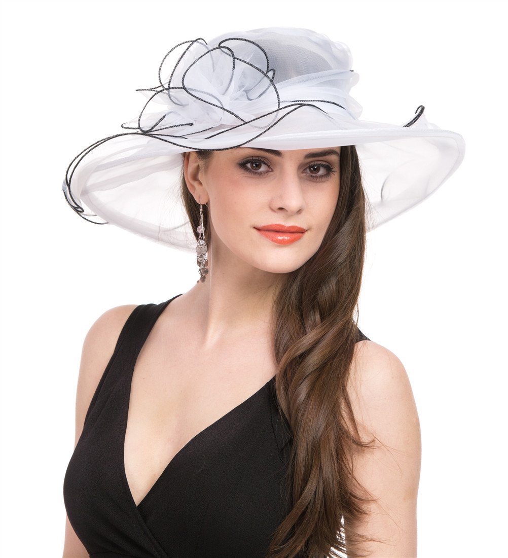 Lucky Leaf Women Church Cap Wide Brim Summer Sun Hat for Party Wedding(White with Black Edge)