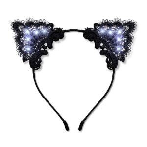 flashingblinkylights black lace light up kitty cat ears headband with white leds