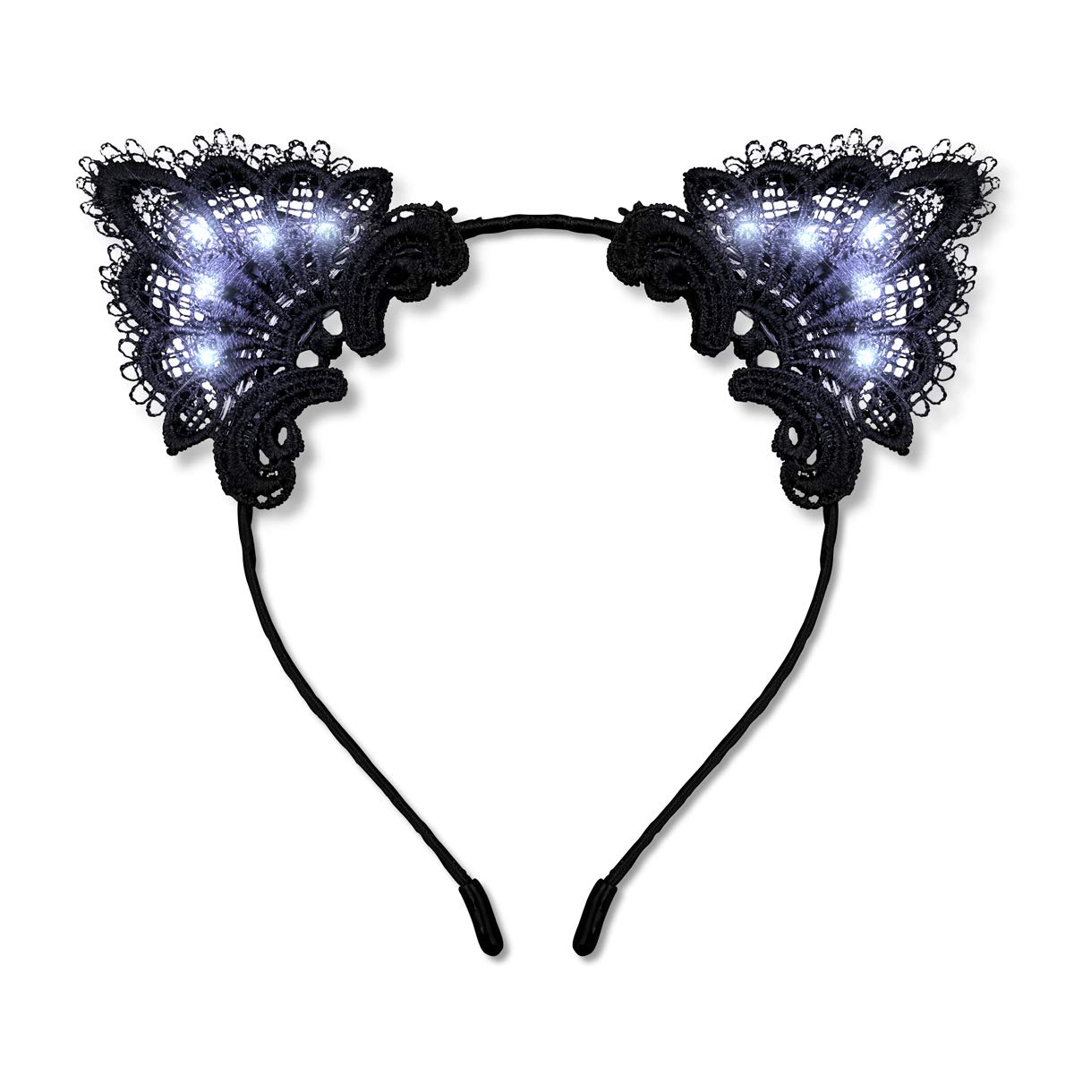 FlashingBlinkyLights Black Lace Light Up Kitty Cat Ears Headband with White LEDs