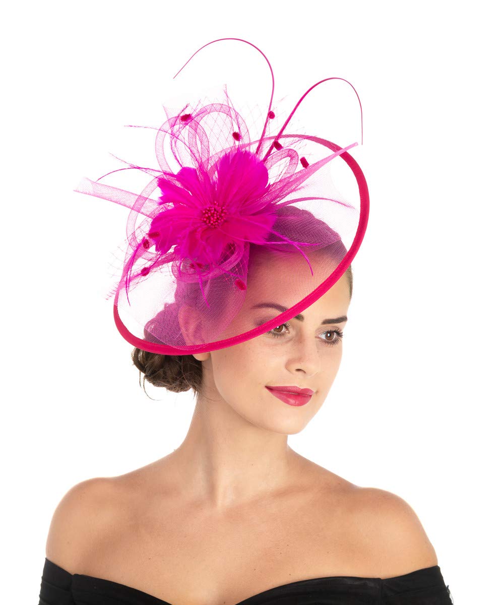 Lucky Leaf Women Girl Fascinators with Hair Clip Hairpin Hat Bowknot Feather Flower Veil Cocktail Wedding Tea Party Hat (8-Fuschia)