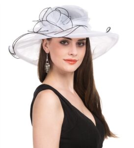 lucky leaf women church cap wide brim summer sun hat for party wedding(white with black edge)