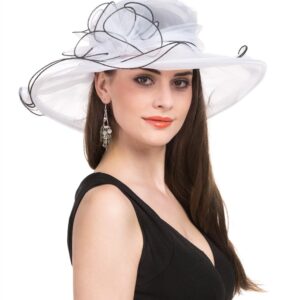 Lucky Leaf Women Church Cap Wide Brim Summer Sun Hat for Party Wedding(White with Black Edge)