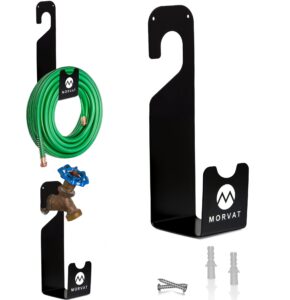 morvat premium 150 ft hose hanger with rust resistant metal, organize your garden, garage & outdoor storage area, wall mount holder or hang/hook over water spigot with included screws