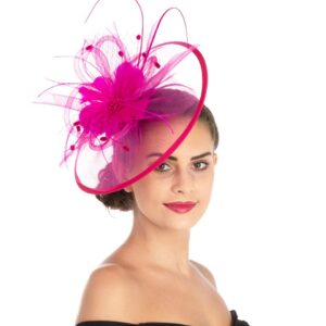 Lucky Leaf Women Girl Fascinators with Hair Clip Hairpin Hat Bowknot Feather Flower Veil Cocktail Wedding Tea Party Hat (8-Fuschia)