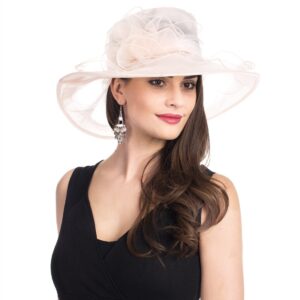 Lucky Leaf Women Church Cap Wide Brim Summer Sun Hat for Party Wedding(Beige)