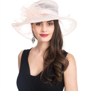 Lucky Leaf Women Church Cap Wide Brim Summer Sun Hat for Party Wedding(Beige)