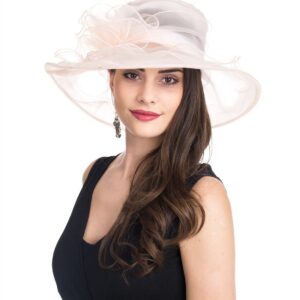 Lucky Leaf Women Church Cap Wide Brim Summer Sun Hat for Party Wedding(Beige)