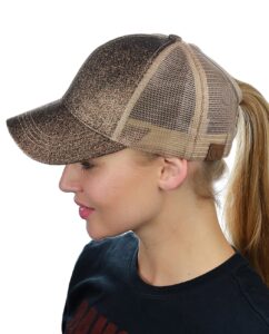 c.c ponycap messy high bun ponytail adjustable glitter mesh trucker baseball cap, smoky topaz