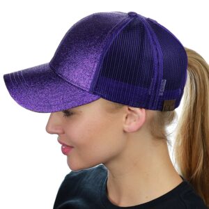 C.C Ponycap Messy High Bun Ponytail Adjustable Glitter Mesh Trucker Baseball Cap, Purple