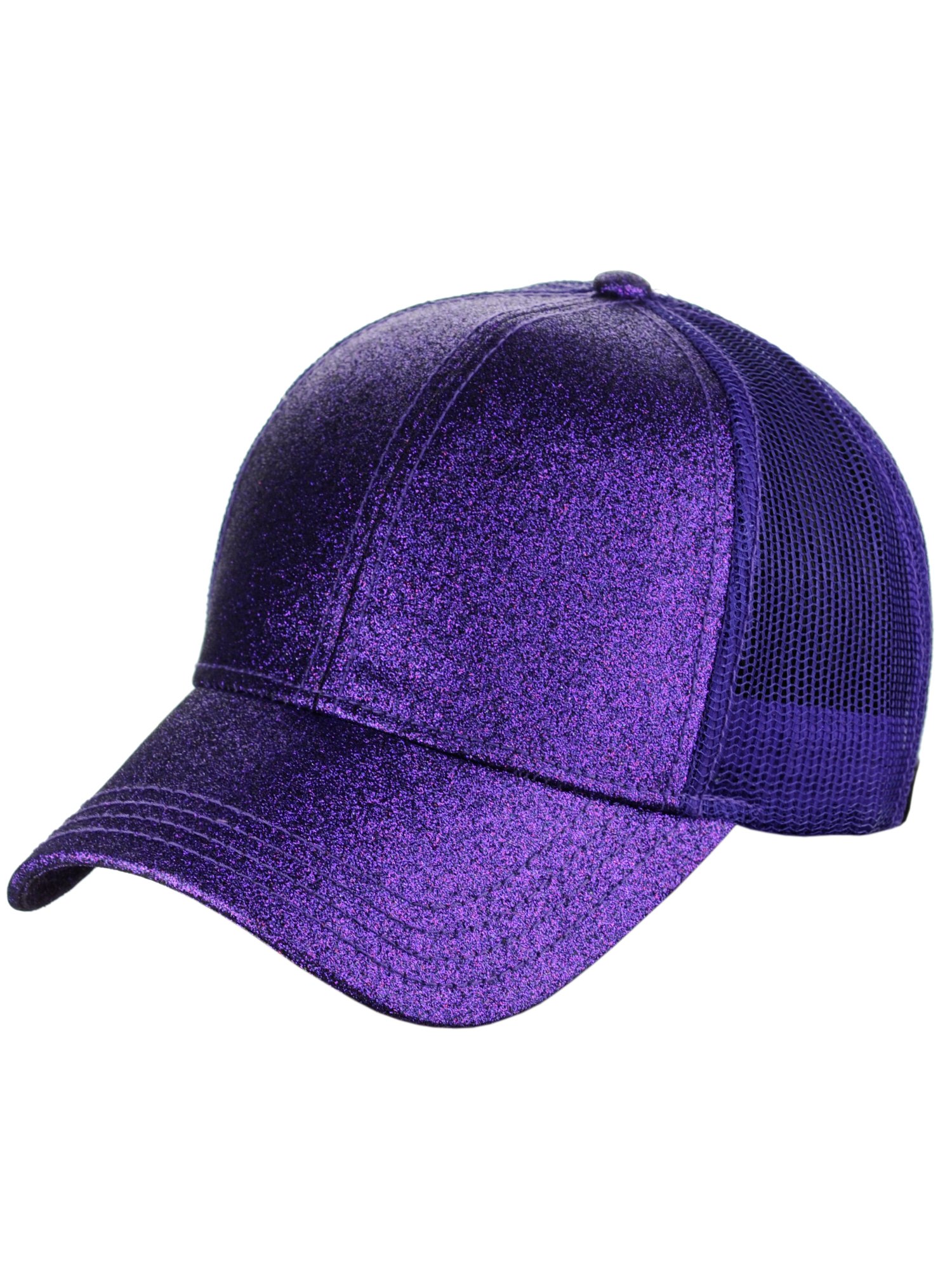 C.C Ponycap Messy High Bun Ponytail Adjustable Glitter Mesh Trucker Baseball Cap, Purple