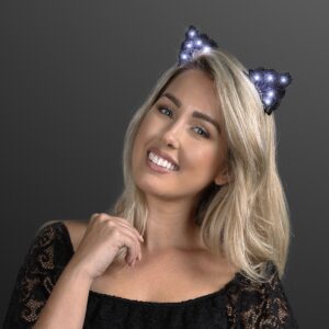 FlashingBlinkyLights Black Lace Light Up Kitty Cat Ears Headband with White LEDs