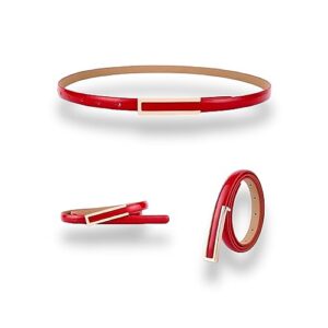 women's belt fashion elegant dress skinny patent leather belts waistband thin waist belt alloy gold buckle, red, for waist 28"- 34", women size s-m, 4-6