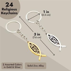 Juvale 24 Pack Metal Jesus Fish Keychains, Christian Religious Gifts for Women and Men, Bulk Key Rings for Easter Party, Family Reunion Favors (Silver and Gold-Colored)