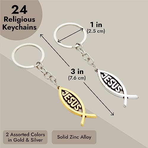 Juvale 24 Pack Metal Jesus Fish Keychains, Christian Religious Gifts for Women and Men, Bulk Key Rings for Easter Party, Family Reunion Favors (Silver and Gold-Colored)