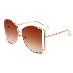 armear women oversized semi rimless sunglasses retro gold metal frame brown lens fashion pearl design 64mm