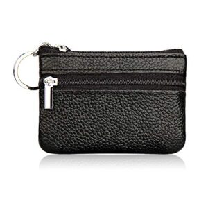 hibate black small leather coin purse change pouch for women men kids with zip key ring