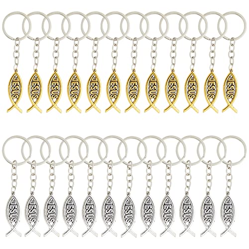 Juvale 24 Pack Metal Jesus Fish Keychains, Christian Religious Gifts for Women and Men, Bulk Key Rings for Easter Party, Family Reunion Favors (Silver and Gold-Colored)