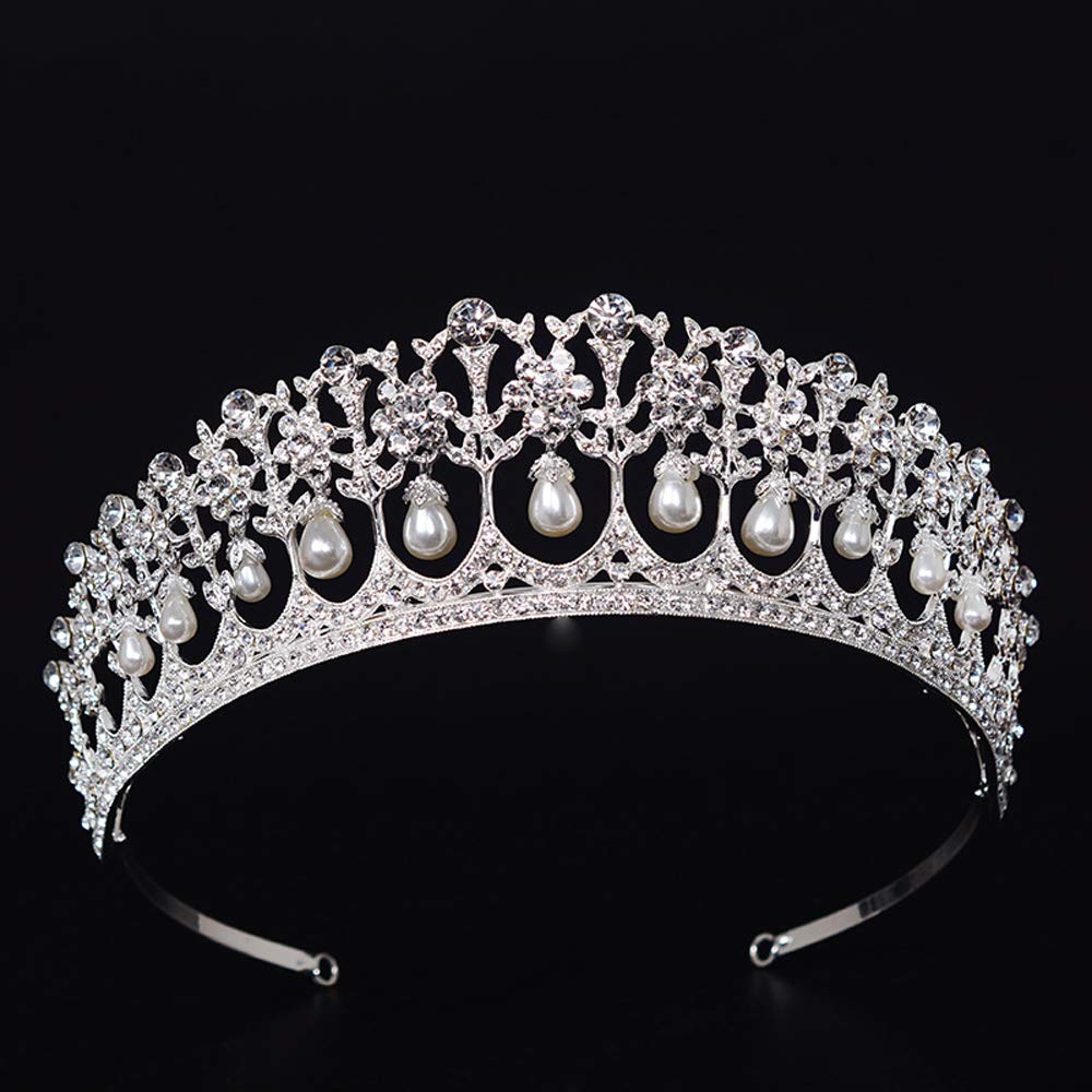 SSNUOY Pearl Princess Crowns Wedding Tiara for Women Silver Rhinestone Crown Bridal Princess Hair Accessories