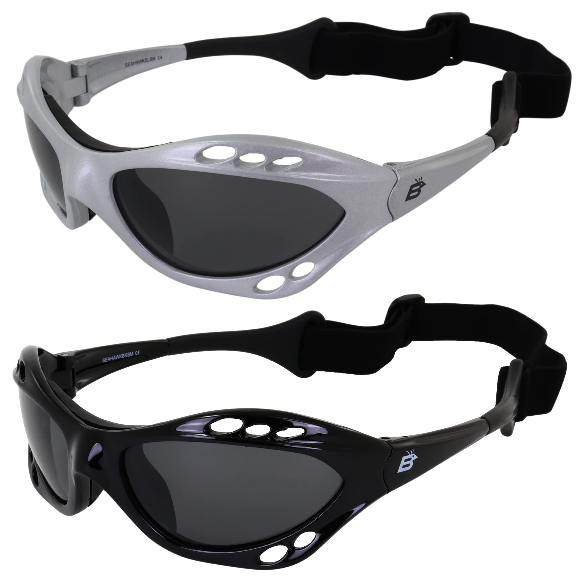 Birdz Eyewear Seahawk Polarized Sunglasses Jet Ski Goggles Sport Kite-Boarding, Surfing, Kayaking 2 Pairs Black Frame and Silver Frame with Smoke Lenses