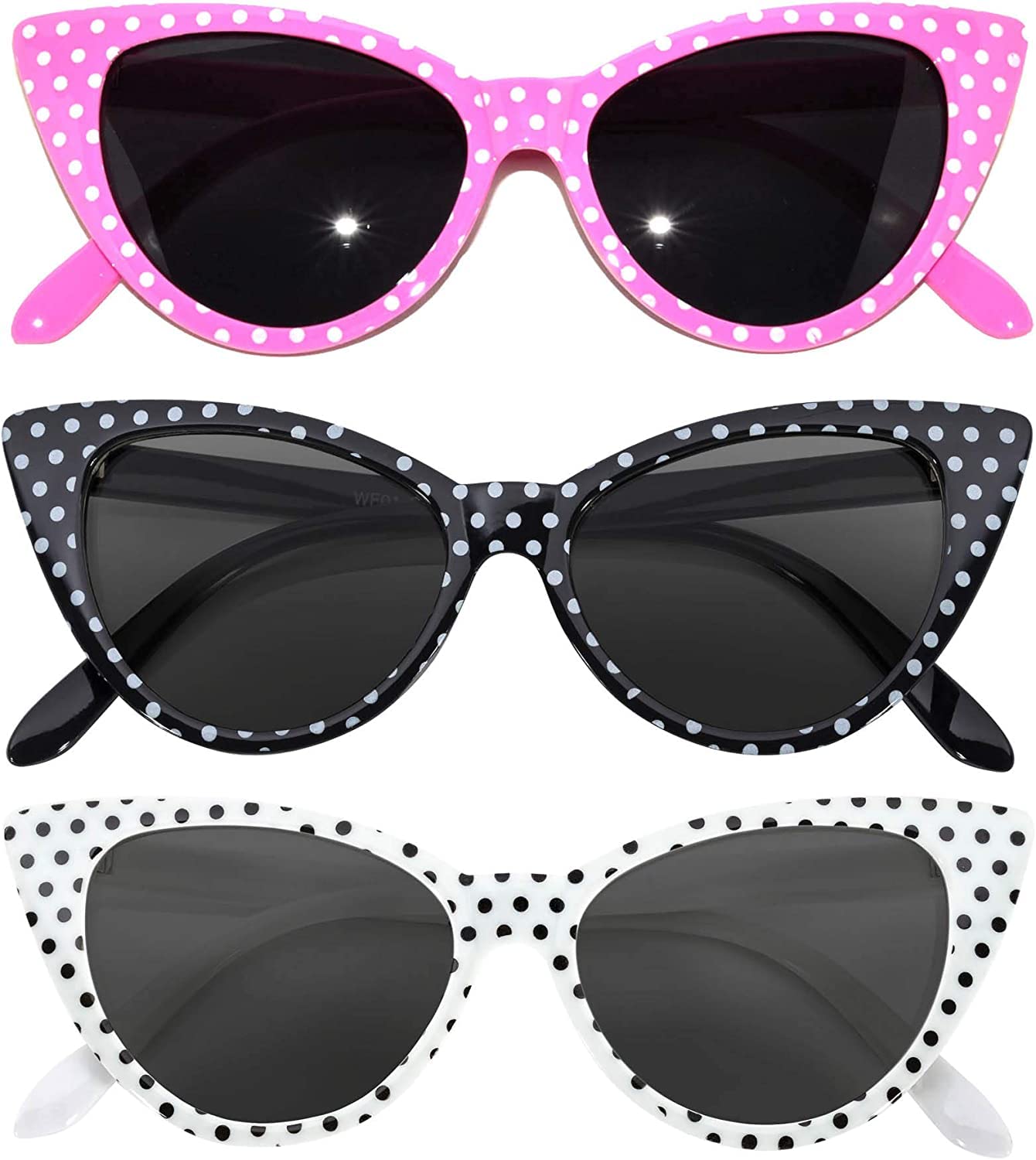 3 pairs of Cat Eye Sunglasses Plastic Pink White Black Polka Dots frames