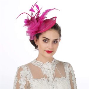 SAFERIN Fascinator for Women Hair Clip Hat Bowler Feather Flower Veil Wedding Party Hat Tea Hat（TA4-Fuchsia）