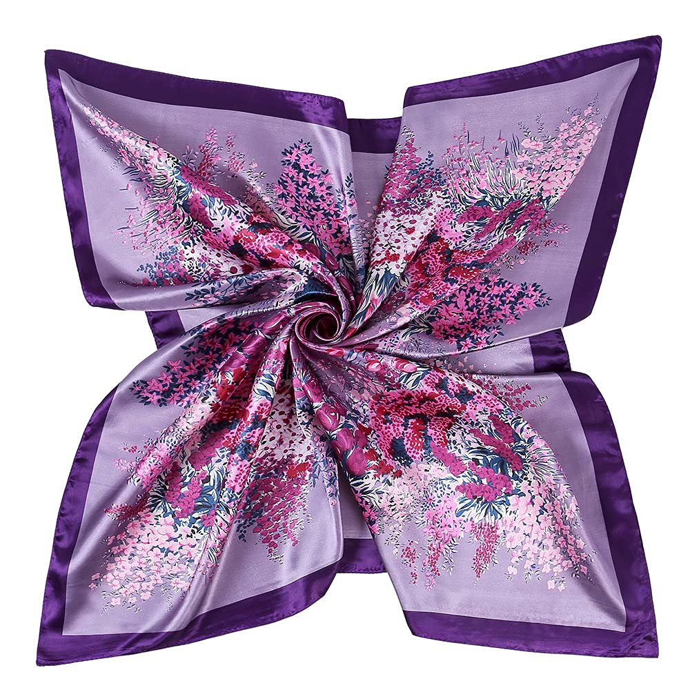 YOUR SMILE Polyester Scarf Women’s Fashion Pattern Purple Flower Large Square Satin Headscarf 35''x35'' (807)