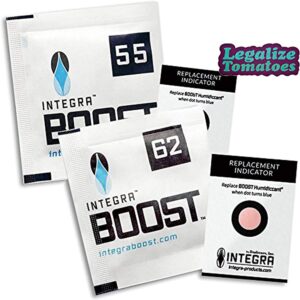 integra boost 4g 62% percent 100 pack for humidity control- premium humidifier packets preserve herb smell. moisture curing gel packs for cigar, humidor and cannador. free legalize tomatoes sticker